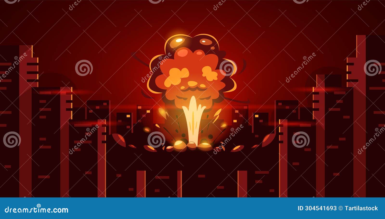 Cartoon Explosion in City. Nuclear Armageddon with Fire and Smoke in ...
