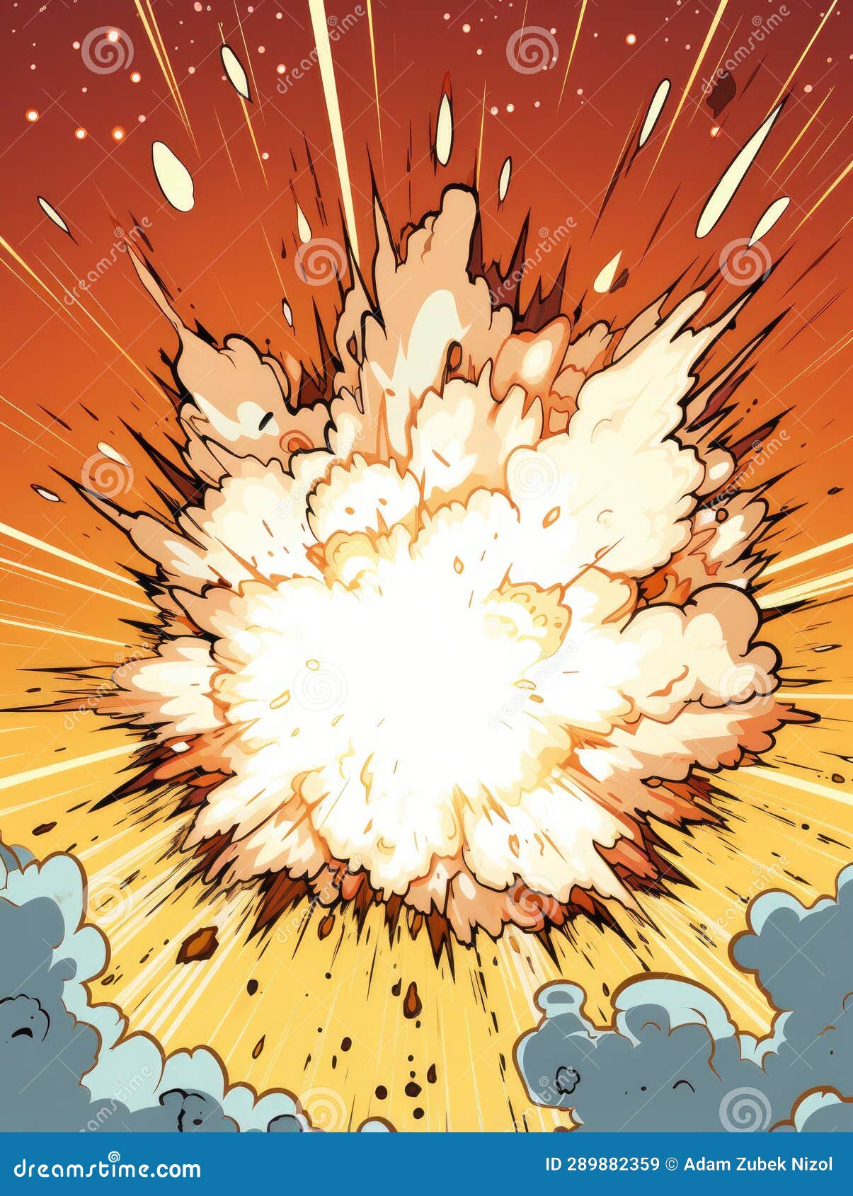 A Cartoon Explosion with Clouds and Light Stock Illustration ...