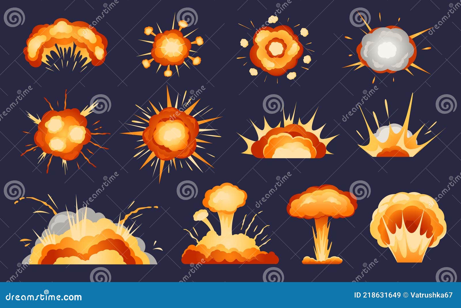 Cartoon Explosions. Atomic Mushroom Cloud, Bomb Explosion Effect, Fire ...