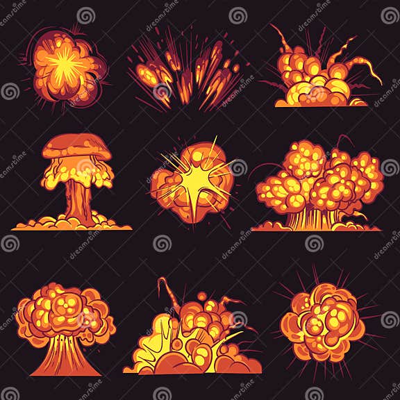 Cartoon Explosions. Bomb Explosion, Fire Bang with Smoke Effect Stock ...