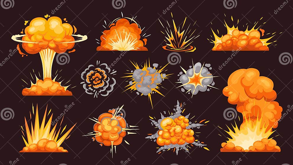 Cartoon Explosions. Comic Explosive Detonation, Game Bomb Blast ...