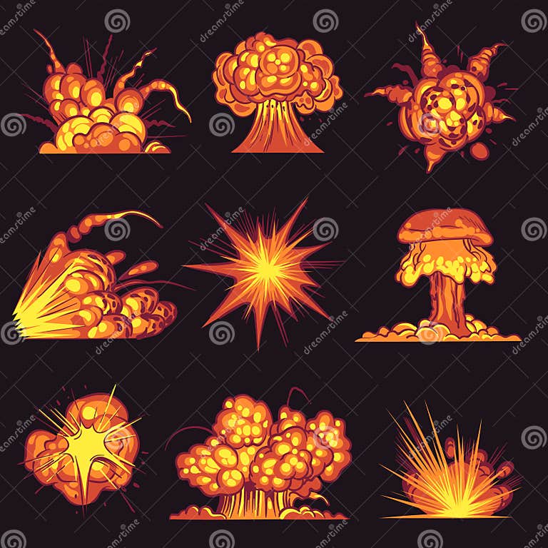 Cartoon Explosions. Fire Bang with Smoke Effect of Explode Dynamite ...