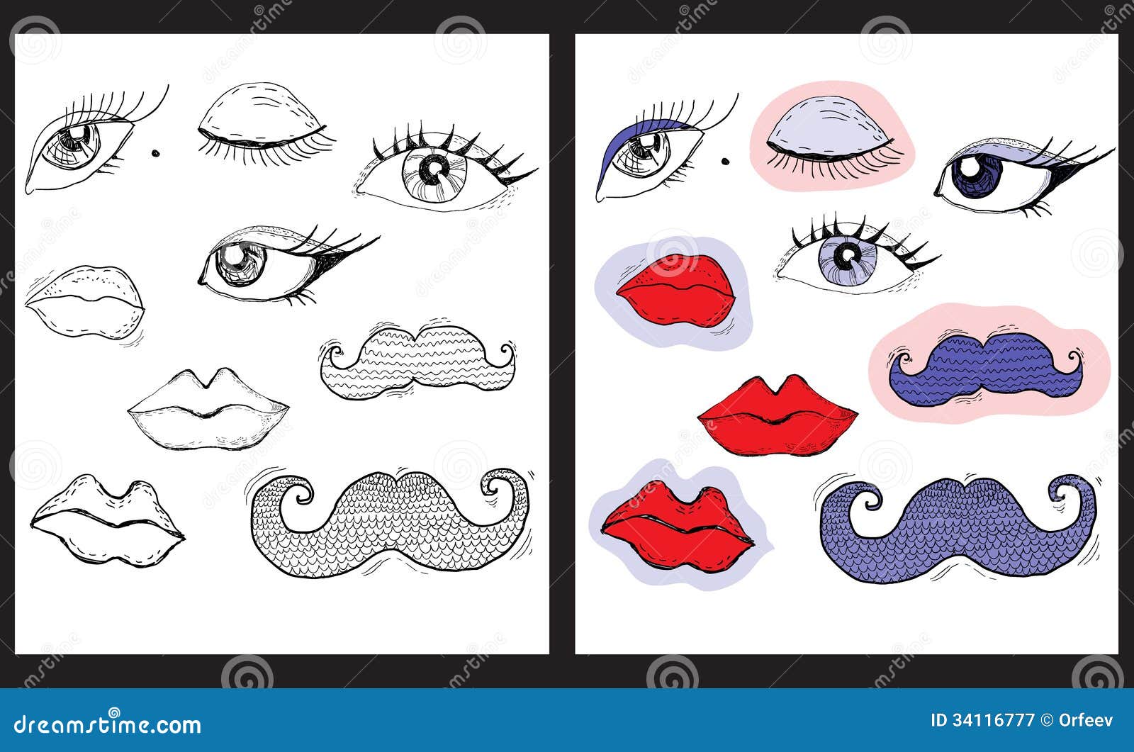 Cartoon Eyes, Lips and Mustache Stock Vector - Illustration of hair ...
