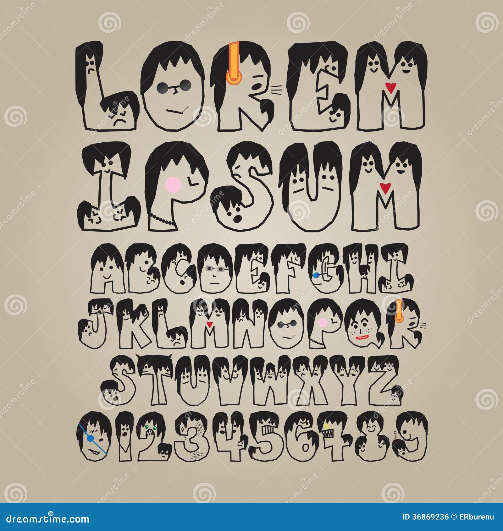 Cartoon Face Alphabet and Digit Vector Stock Vector - Illustration of ...