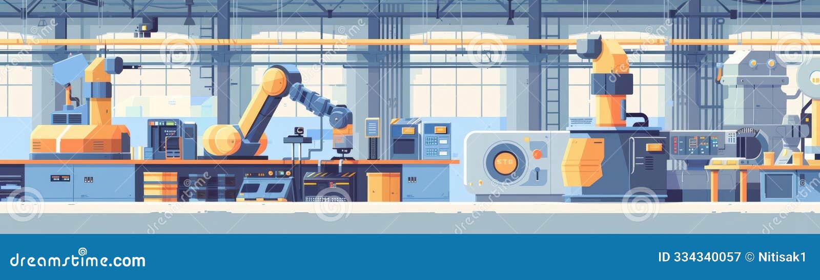 A Cartoon of a Factory with Advanced Robotics and Automation Stock ...