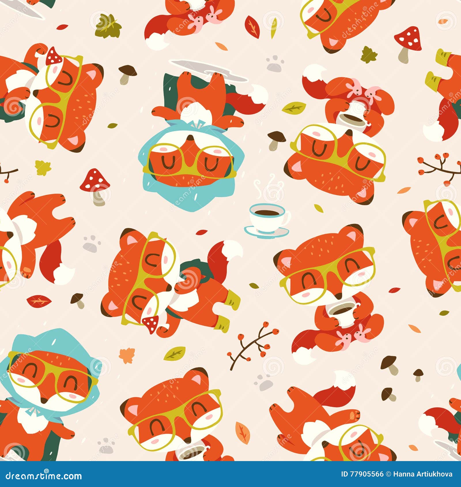 Cartoon Fall Fox Seamless Pattern Stock Vector - Illustration of ...