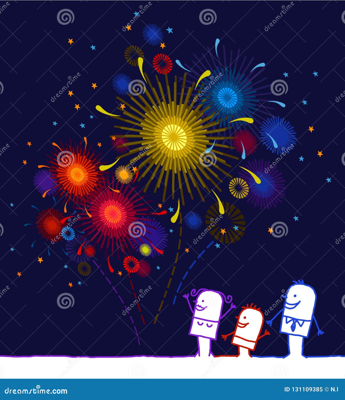 Cartoon Family Watching a Colorful Firework at Night Stock Vector ...