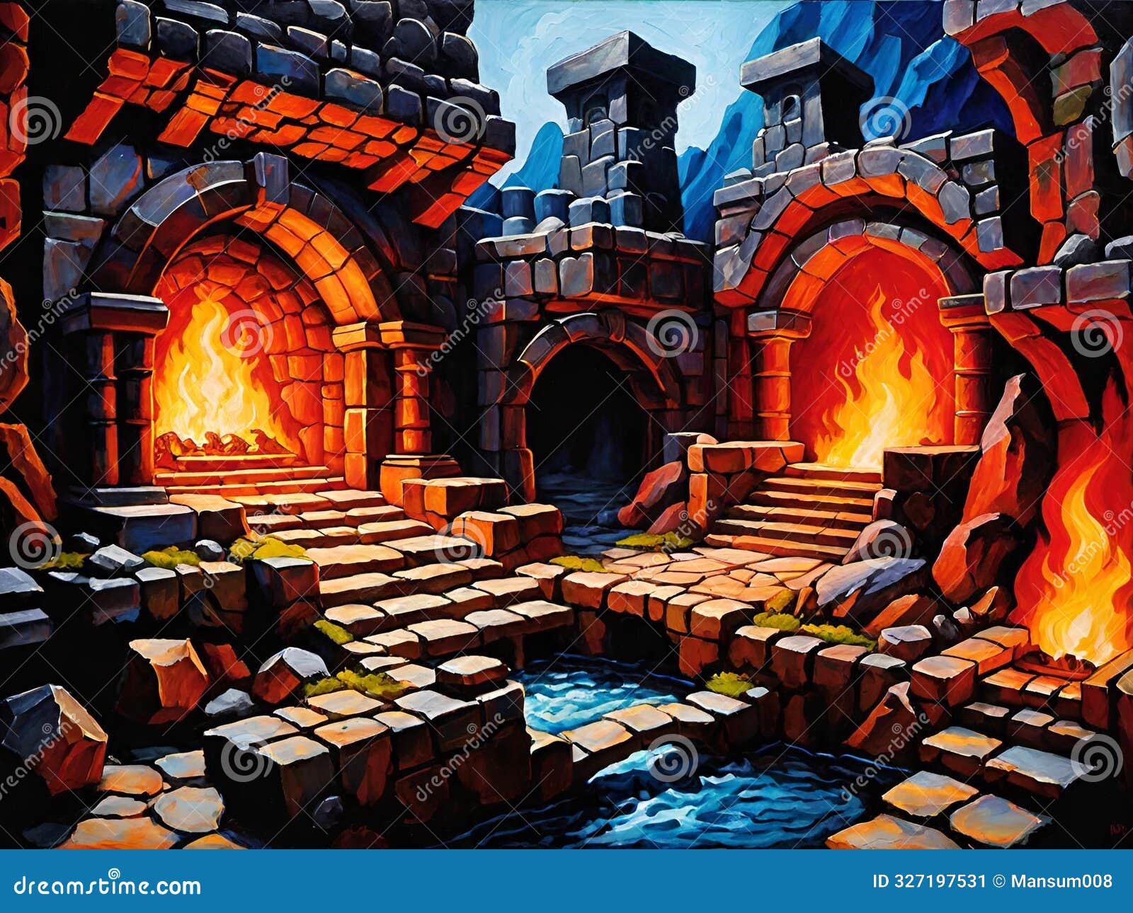 Cartoon Fantasy Castle with Fire and Stones Stock Illustration ...