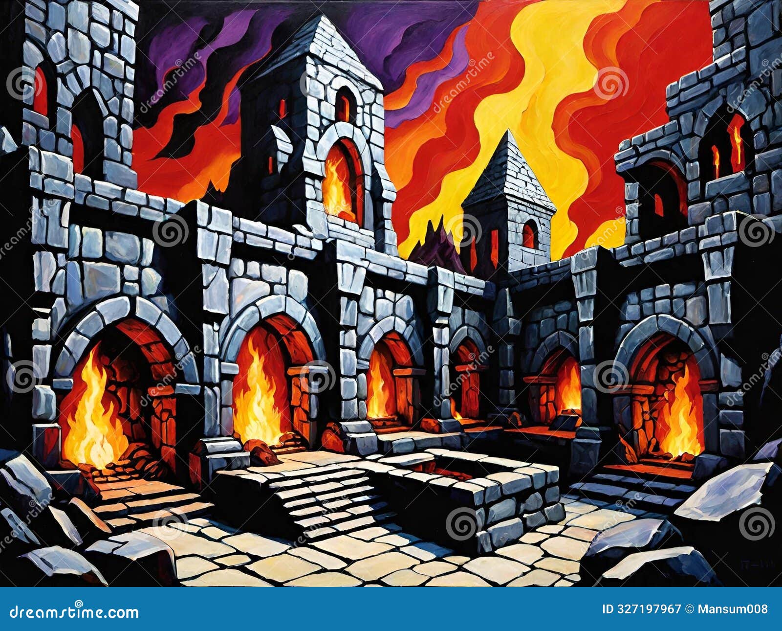 Cartoon Fantasy Castle with Fire and Stones Stock Illustration ...