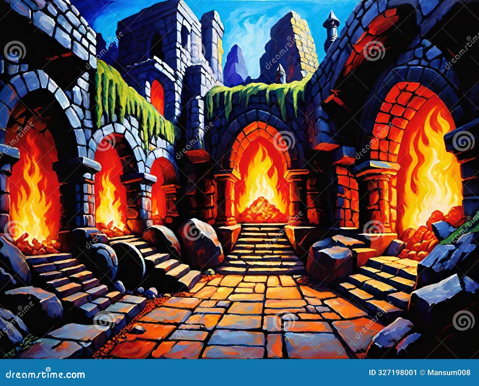 Cartoon Fantasy Castle with Fire and Stones Stock Illustration ...