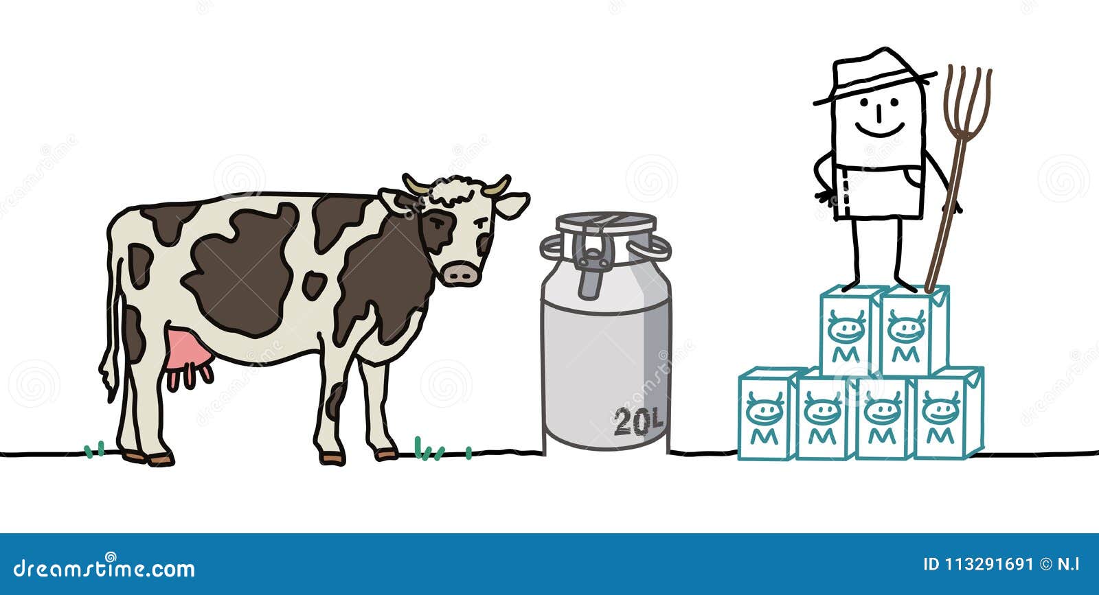 Cartoon Farmer with Cow and Milk Stock Vector - Illustration of milk ...