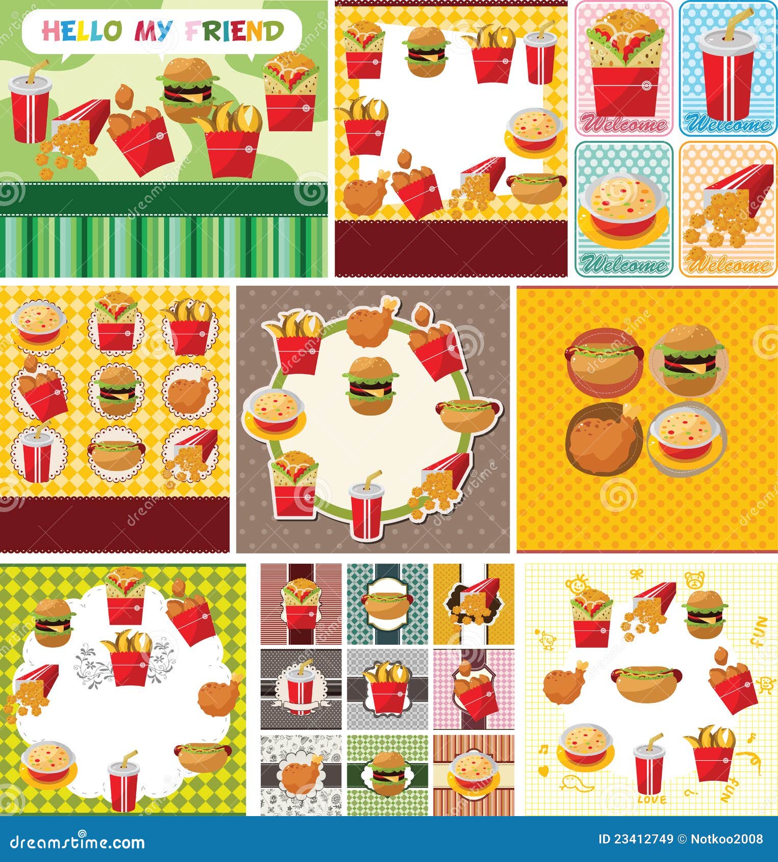 Cartoon Fast Food Cute Character Seamless Faces. Vector Illustration ...
