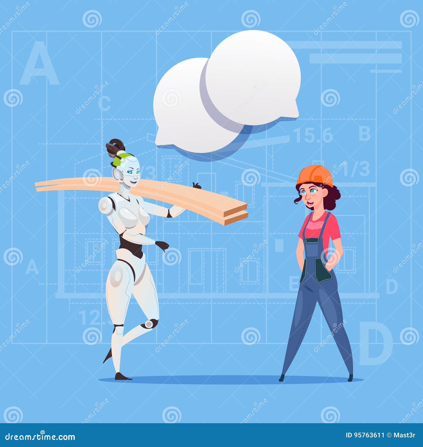 Cartoon Female Builder Working with Robot Carry Planks Modern Building ...