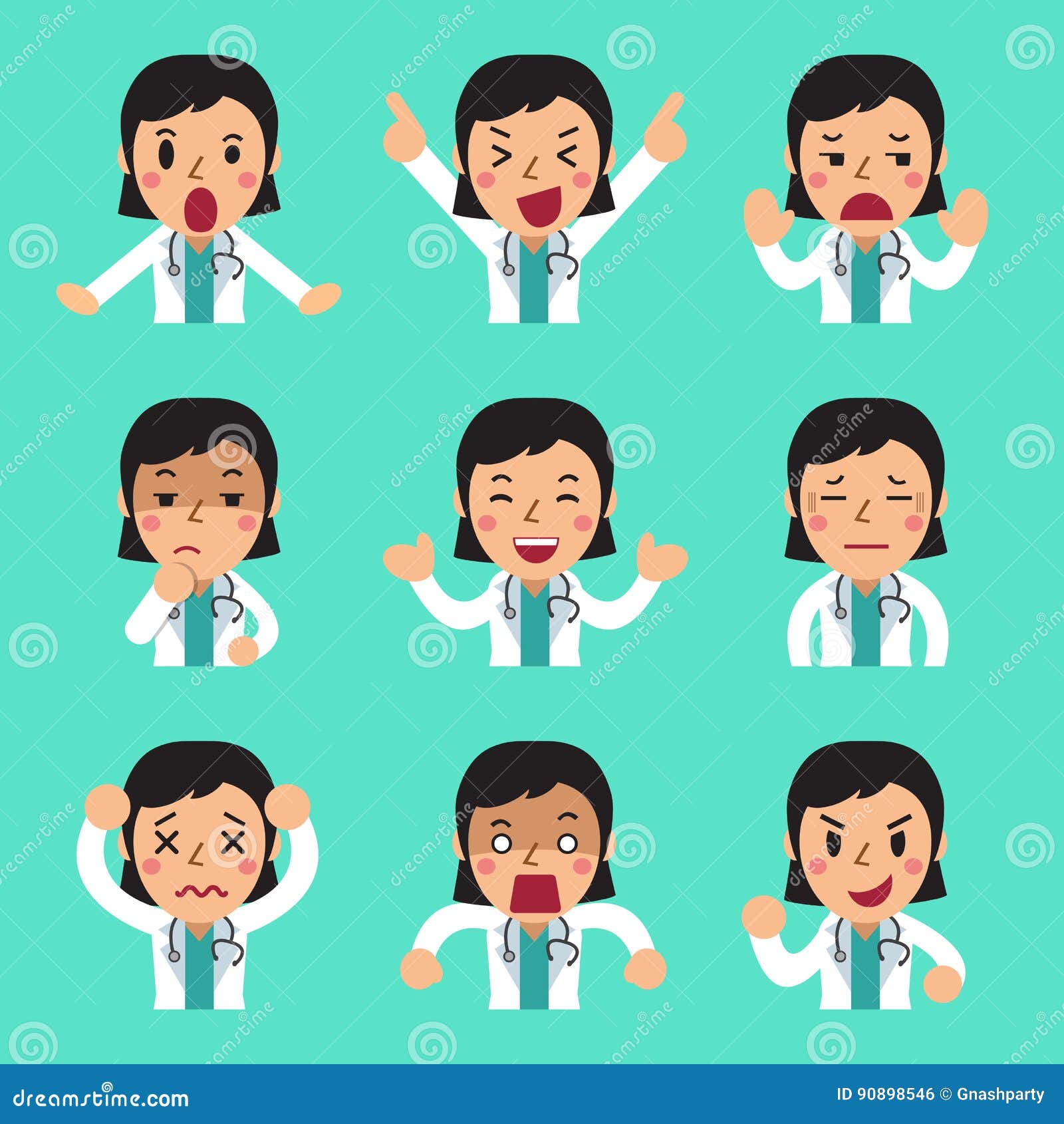 Cartoon Female Doctor Expressing Different Emotions with Speech Bubbles ...