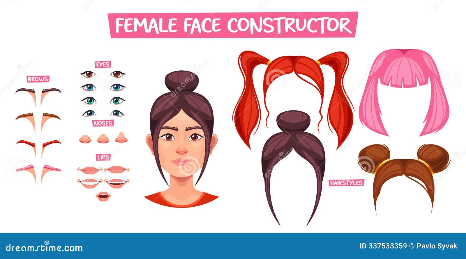 Cartoon Female Face Constructor Featuring Various Hairstyles, Eyes ...