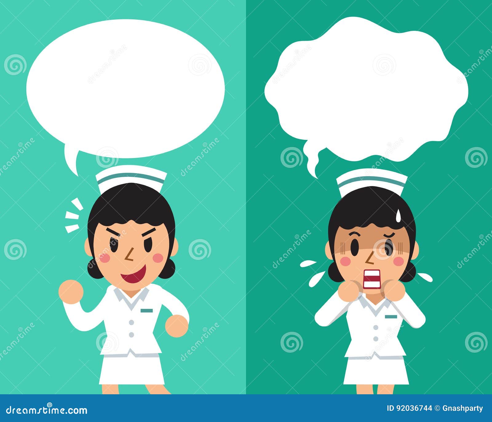 Cartoon Female Nurse Expressing Different Emotions with Speech Bubbles ...