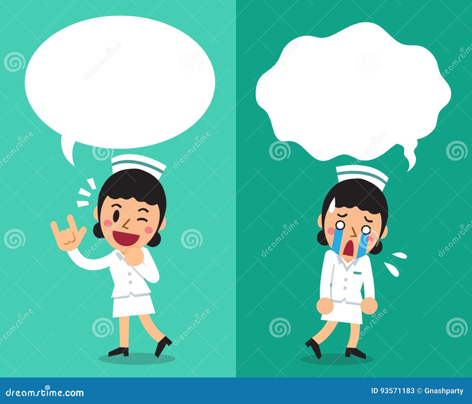 Cartoon Female Nurse Expressing Different Emotions with Speech Bubbles ...