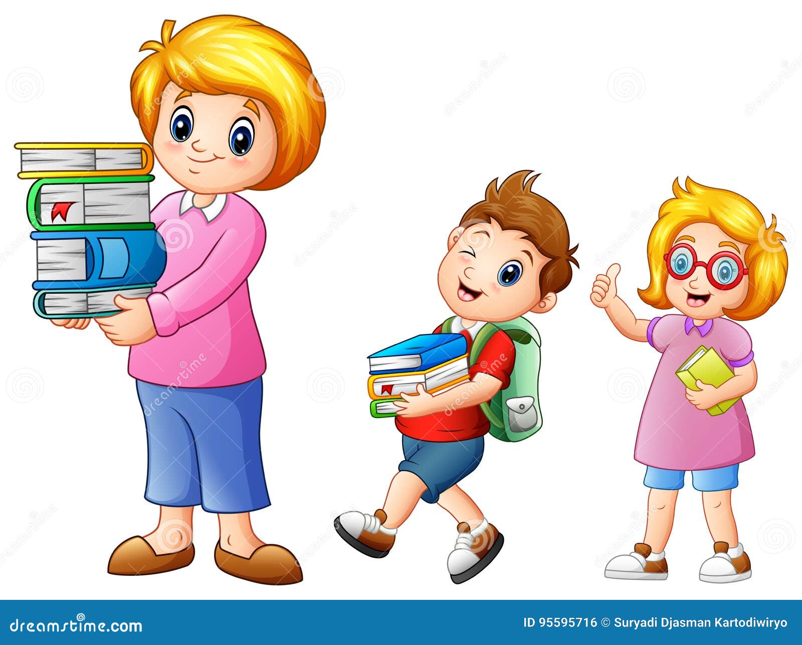Cartoon Female with School Boy Carrying with a Stack of Books Stock ...