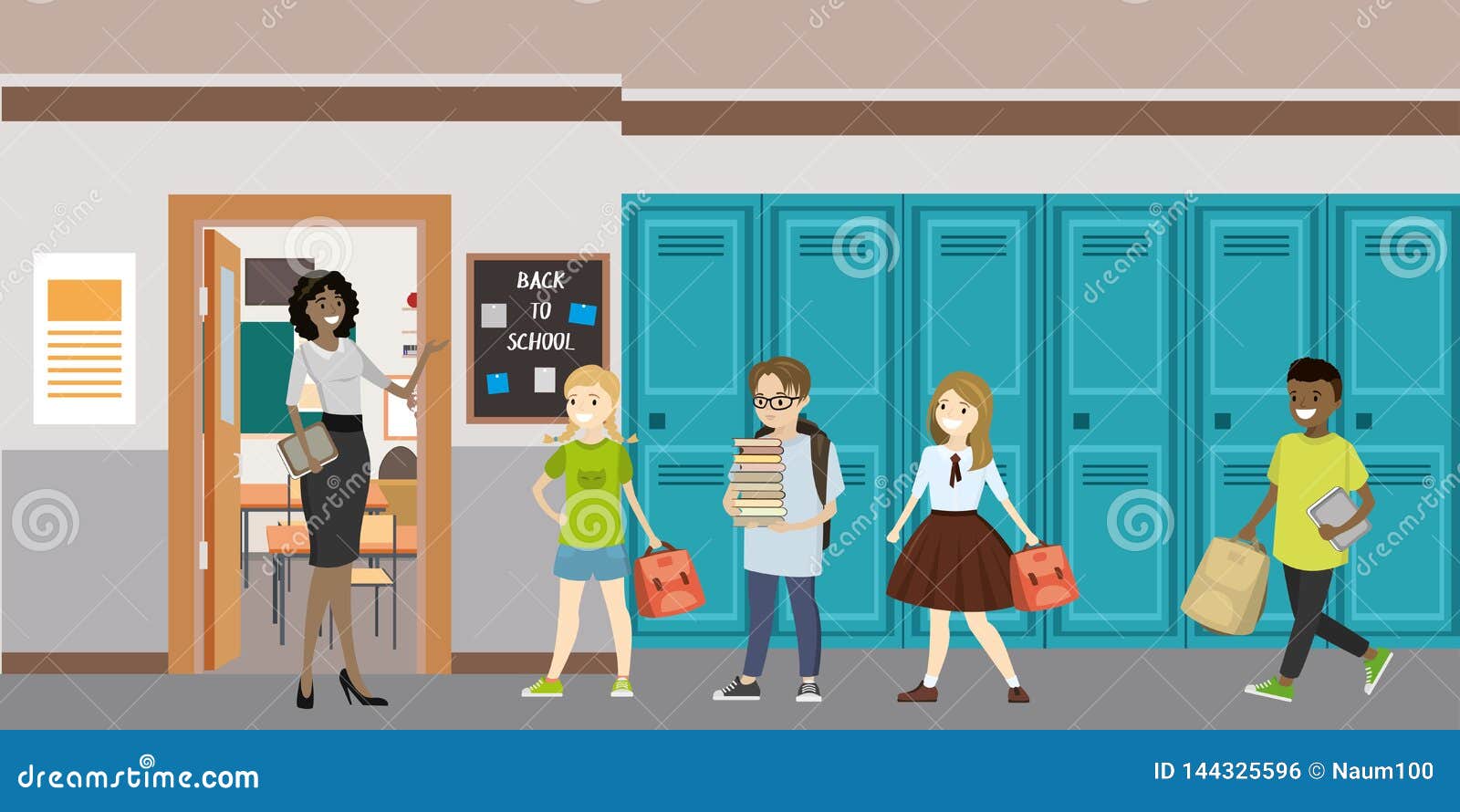 Cartoon Female Teacher and Different Students in the School Hall Stock ...