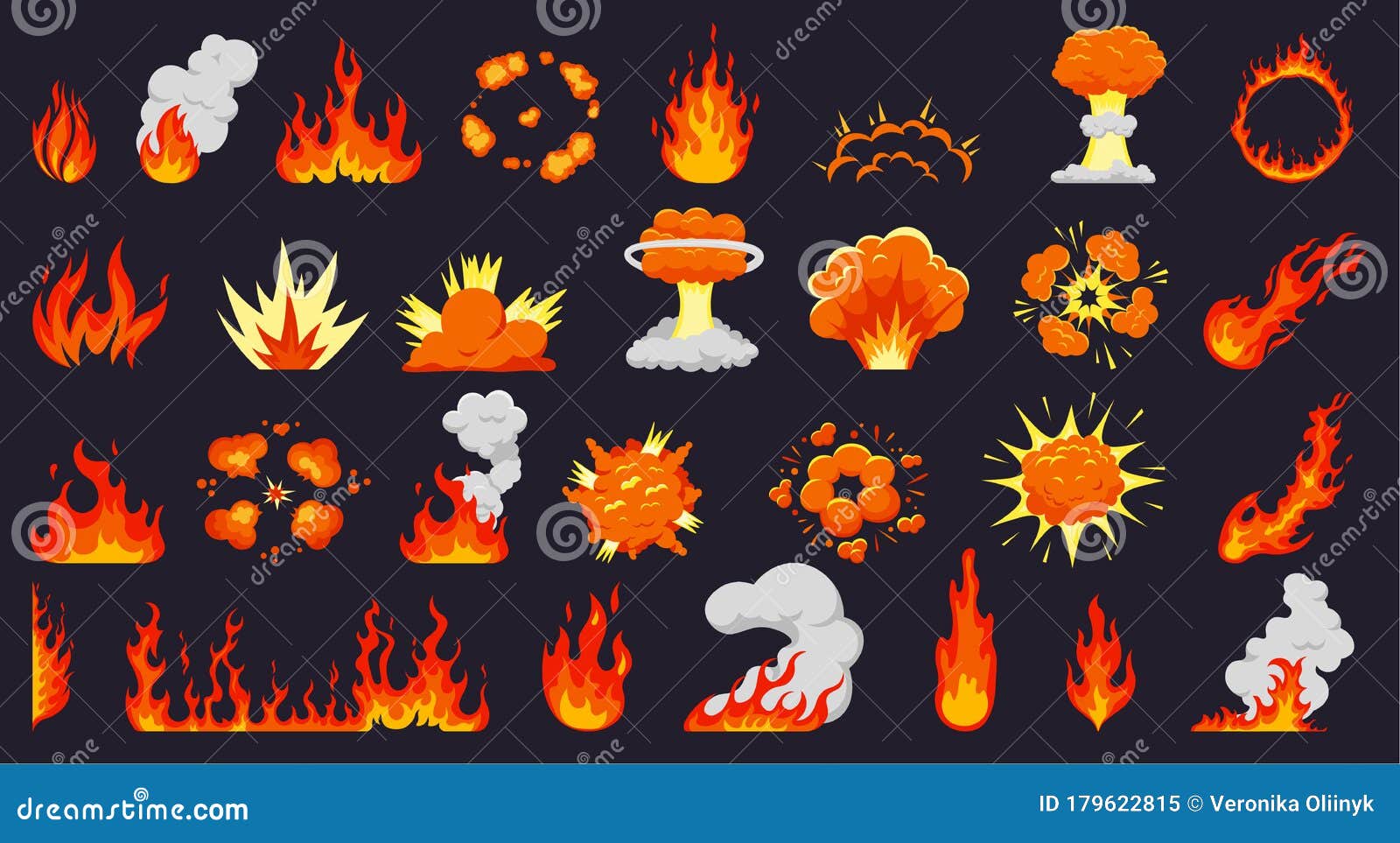 Cartoon Fire Explosions. Fire Flames, Hot Campfire, Explosive Bomb ...
