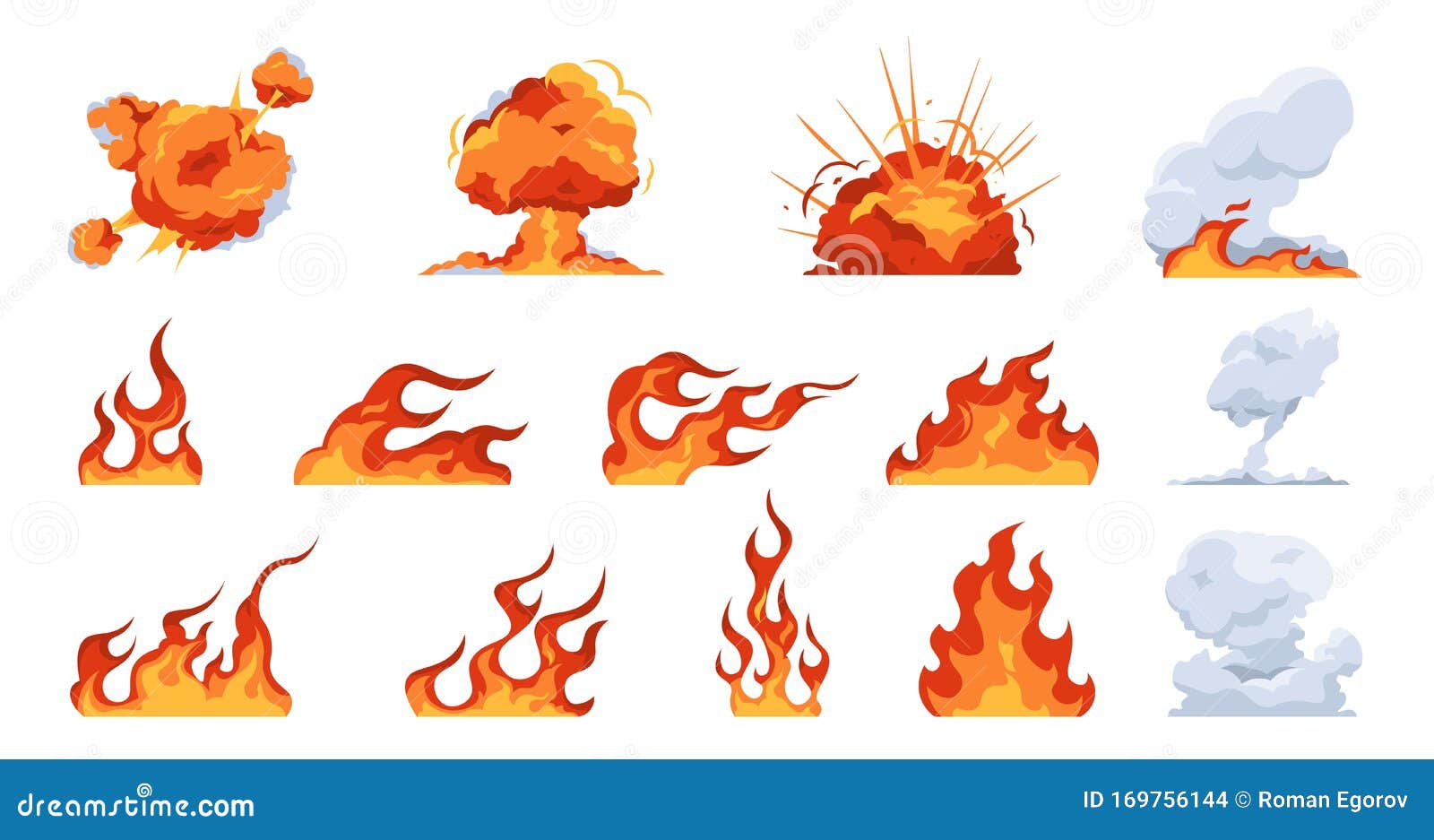 Cartoon Fire Flame. Flat Fireball Smoke and Explosion Effects, Flames ...