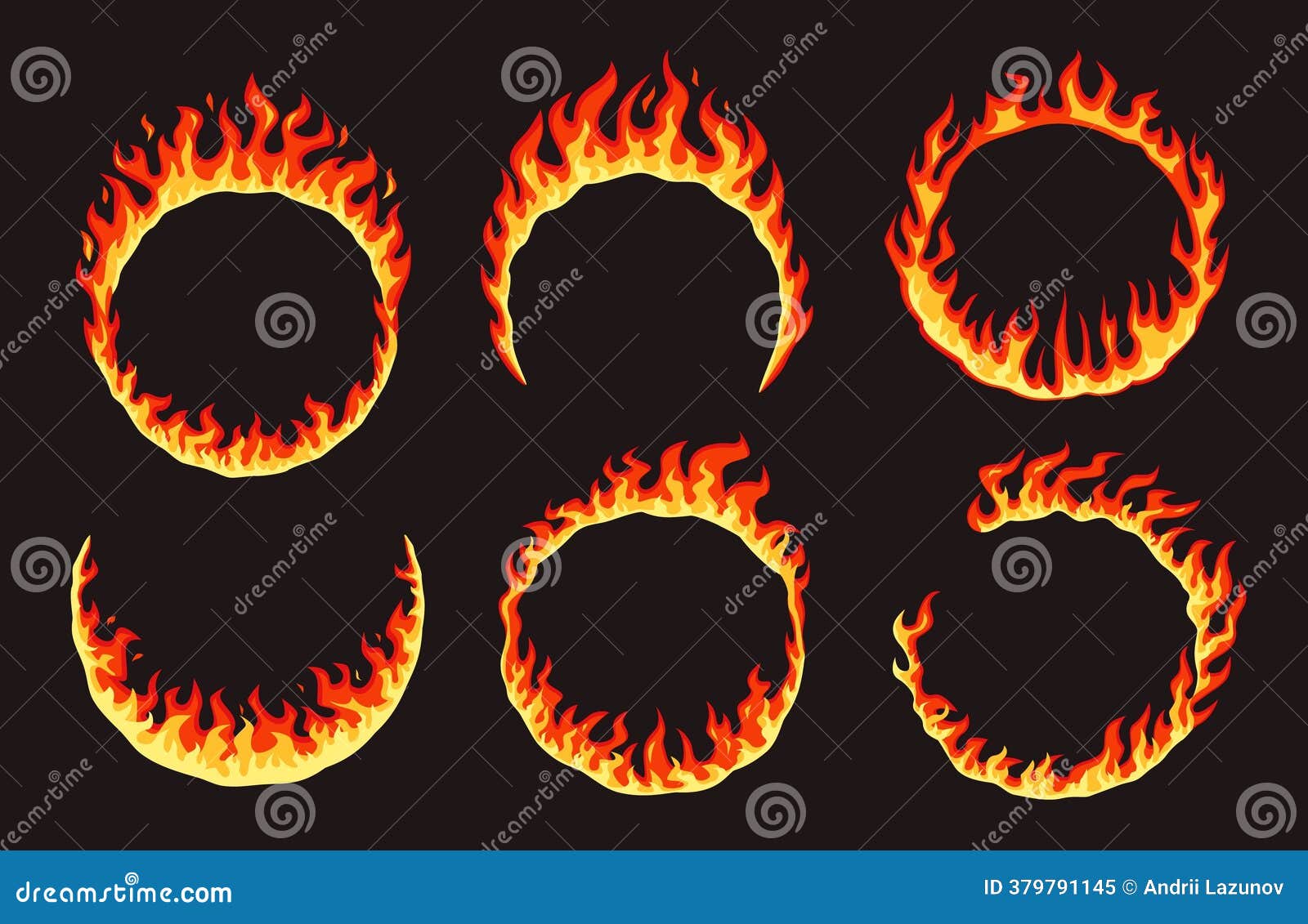Cartoon Fire Flame Rings. Red Hot Burning Hoops, Blaze Round Border Frames, Inferno Fire Circle ...