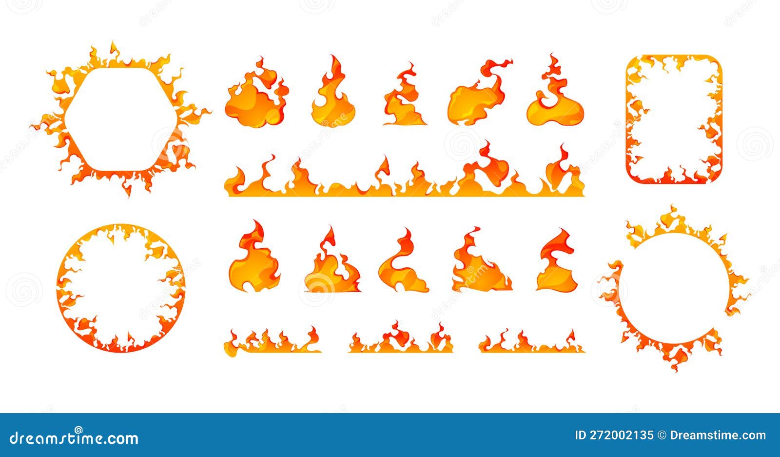 Cartoon Fire Frames. Square and Round Flaming Figures, Burning Orange ...