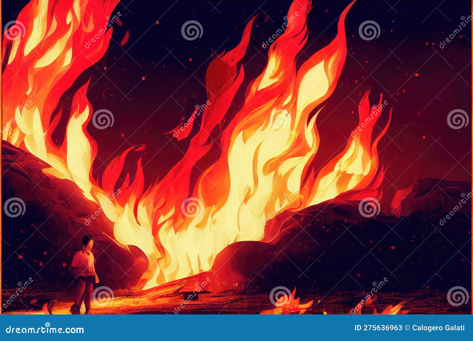 A Cartoon Fire Illustration of a Burning Landscape with a Man Standing ...