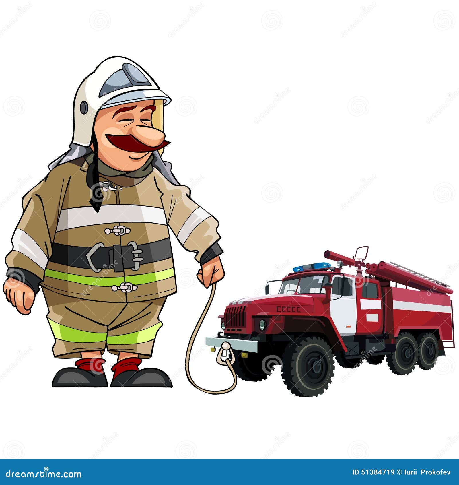 Cartoon Firefighter with Fire Engine Stock Vector - Illustration of ...