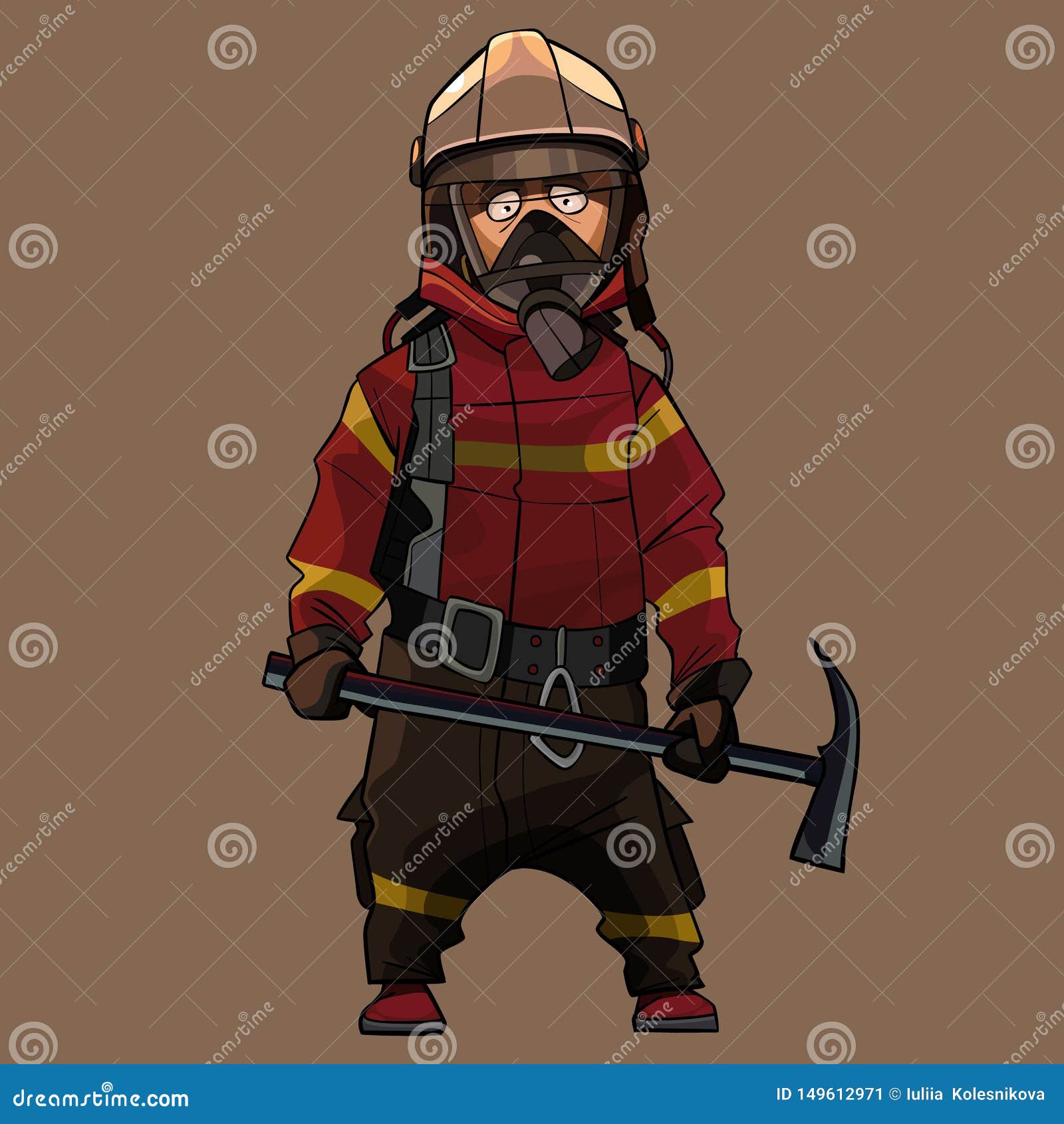 Cartoon Firefighter in Uniform with Pick in Hands Stock Vector ...
