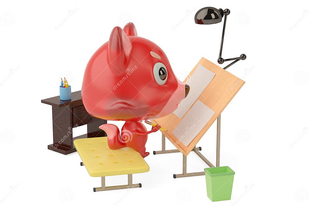 A Cartoon Firefox Painting on Studio,3D Illustration. Stock ...