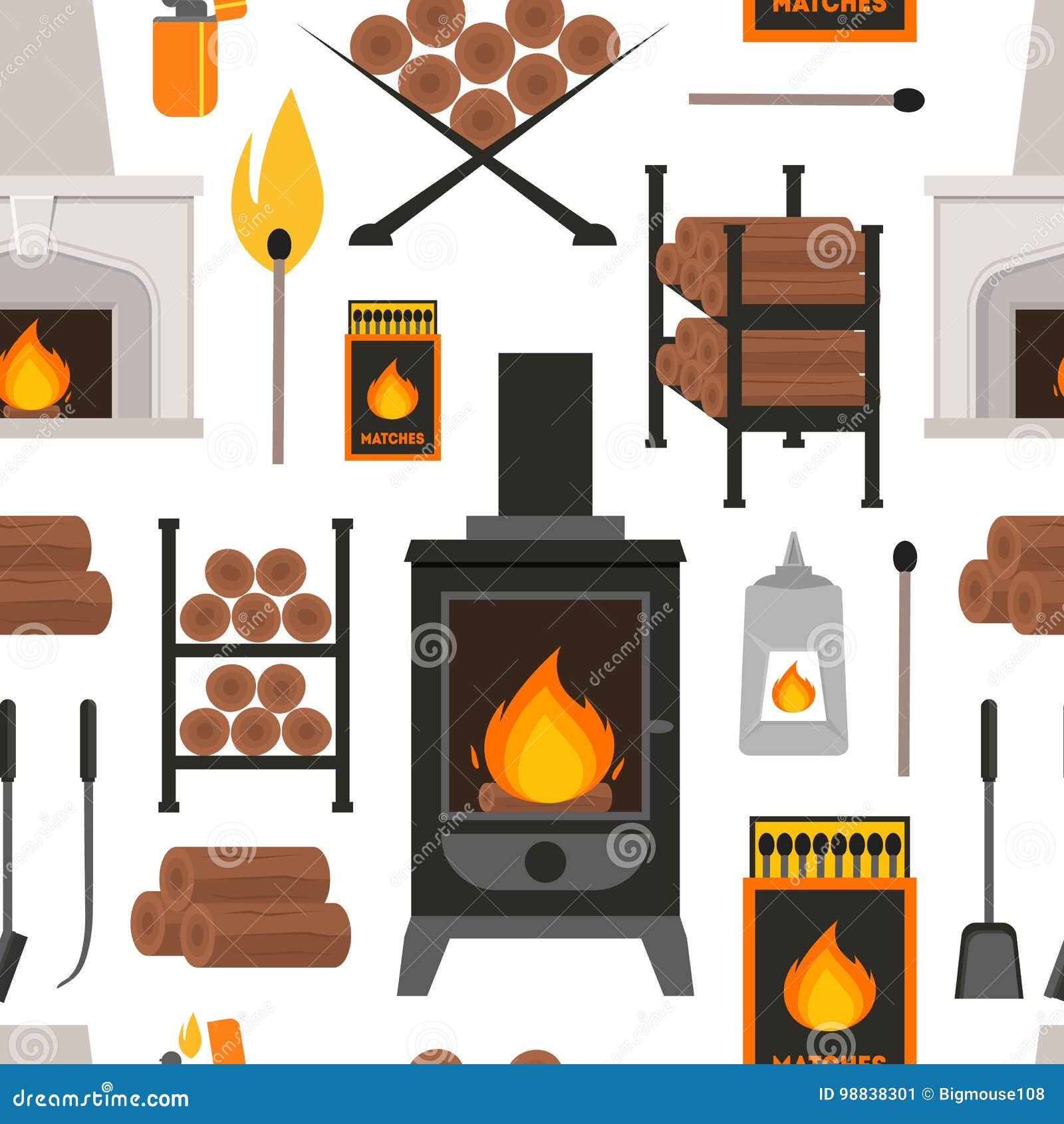 Cartoon Fireplace Background Pattern on a White . Vector Stock Vector ...
