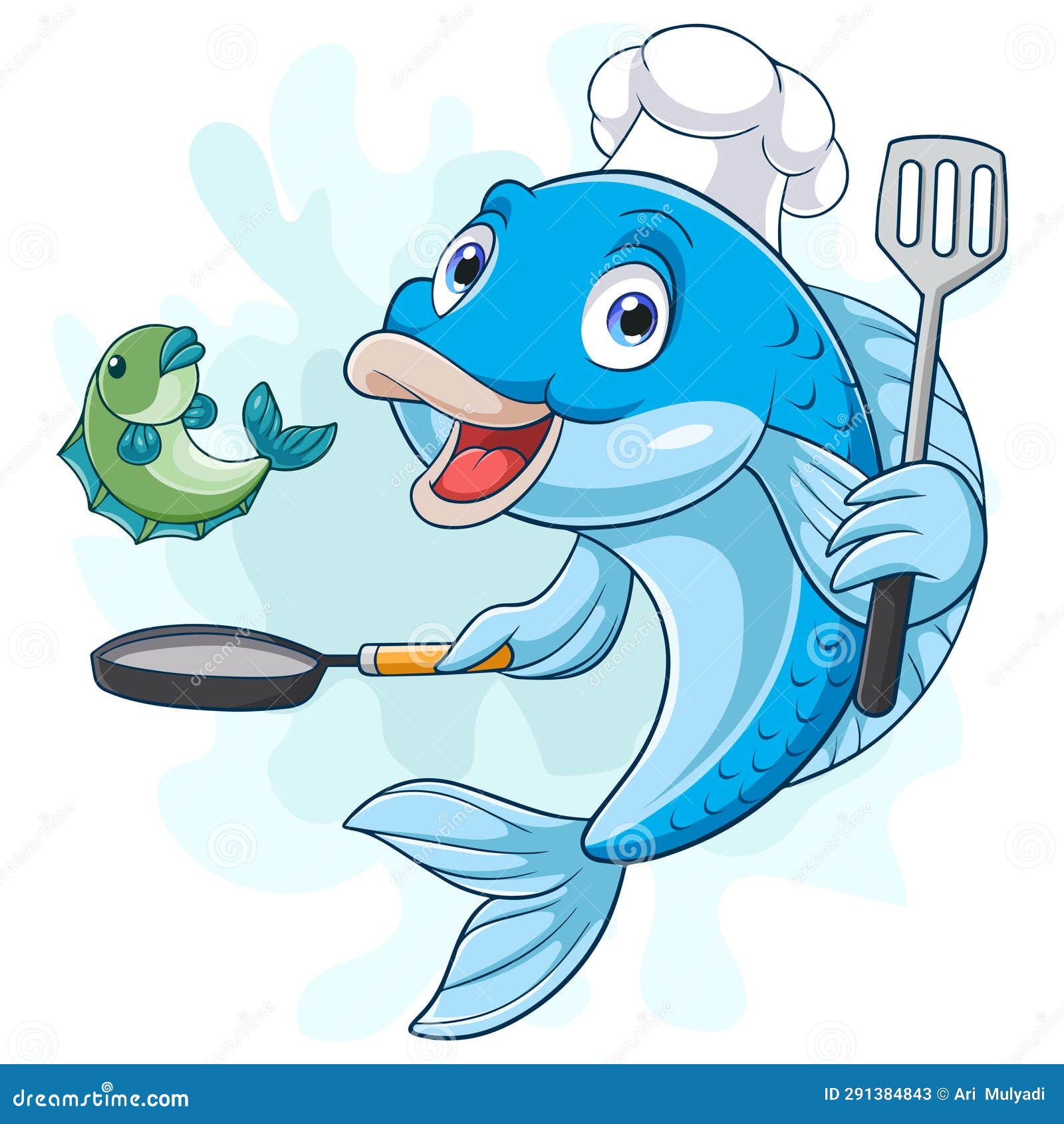 Cartoon Fish Chef Holding a Frying Pan and Spatula Stock Illustration ...