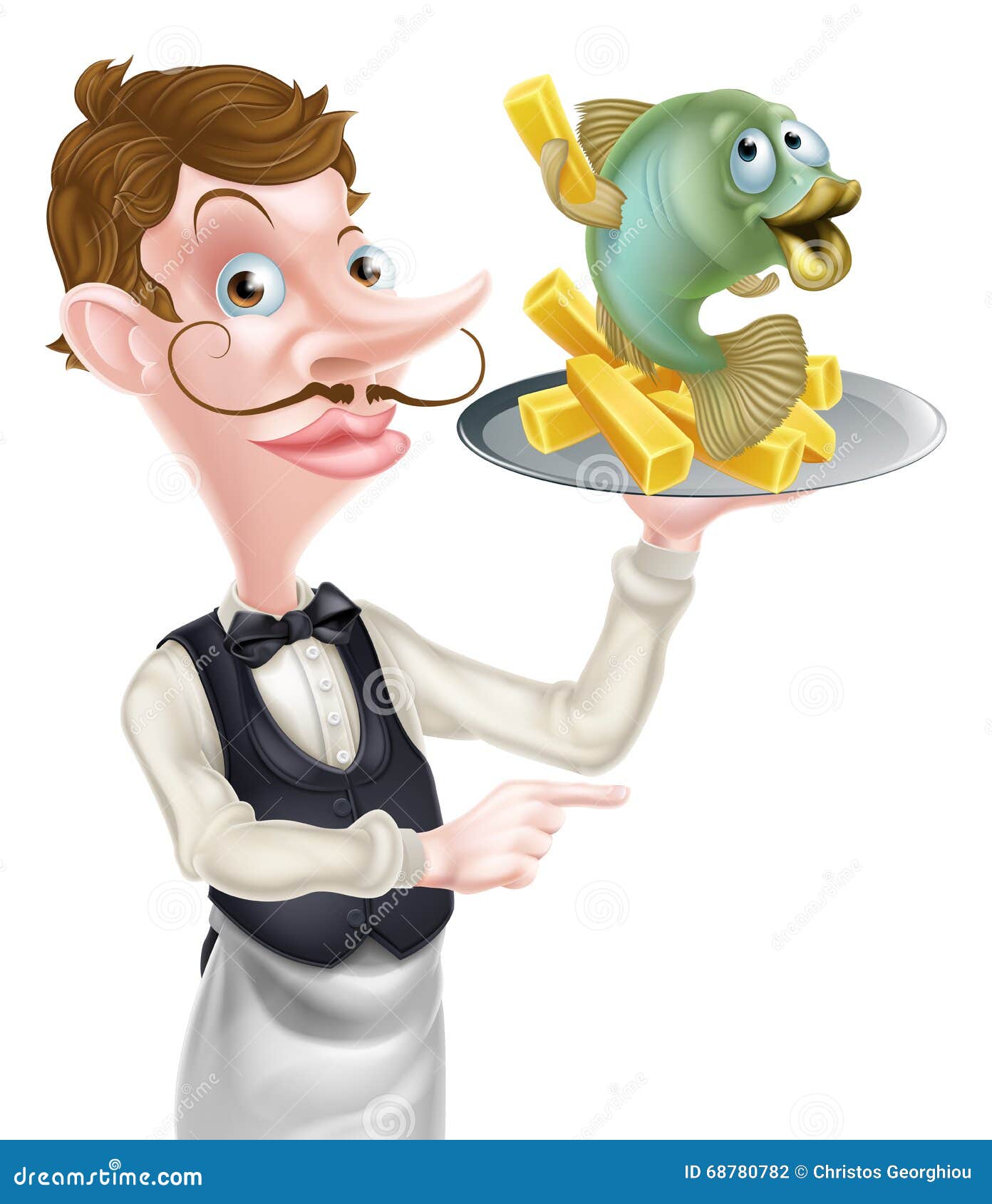 Cartoon Fish and Chips Waiter Butler Pointing Stock Vector ...