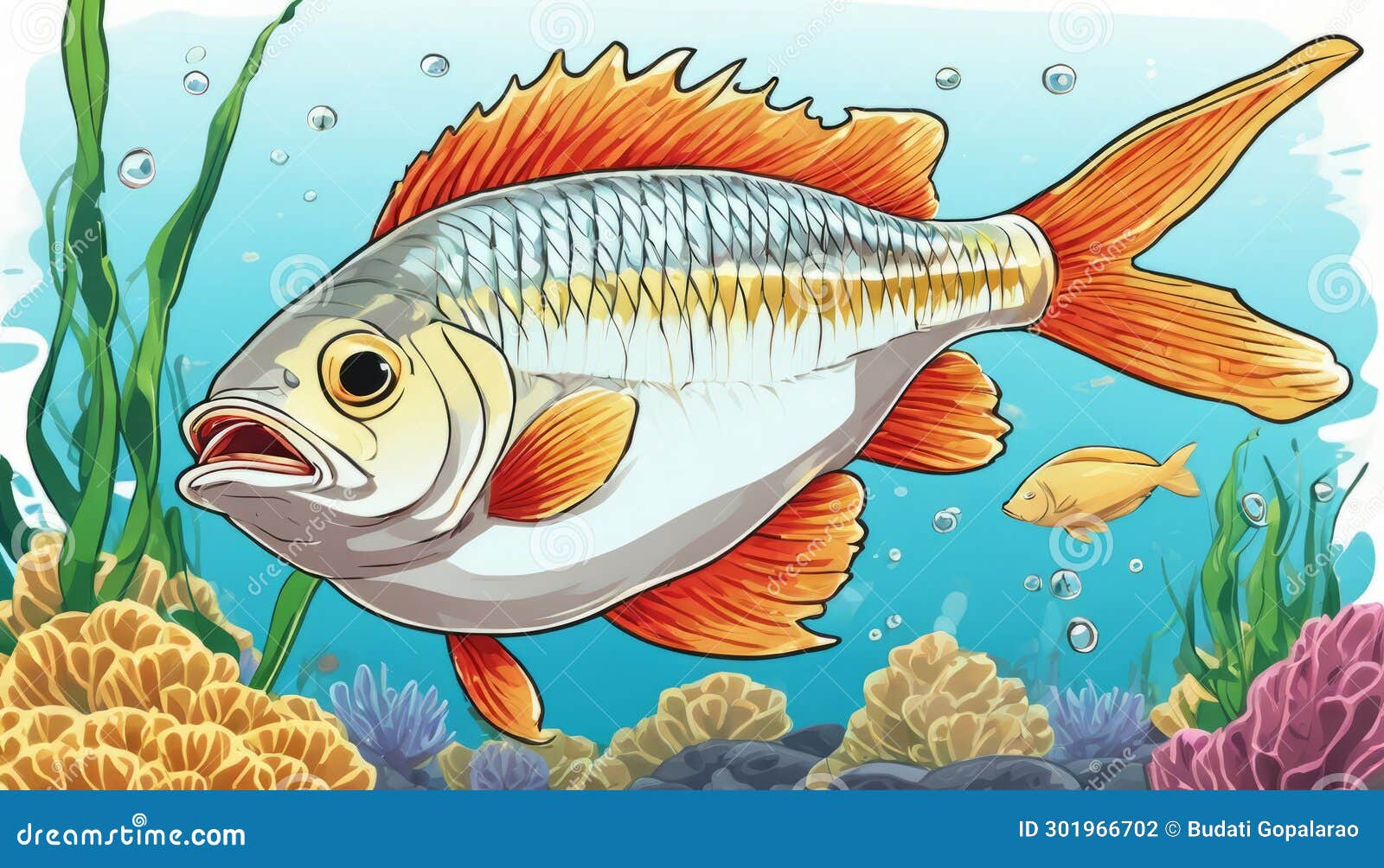 A Cartoon Fish with a Large Red Fin Stock Illustration - Illustration ...
