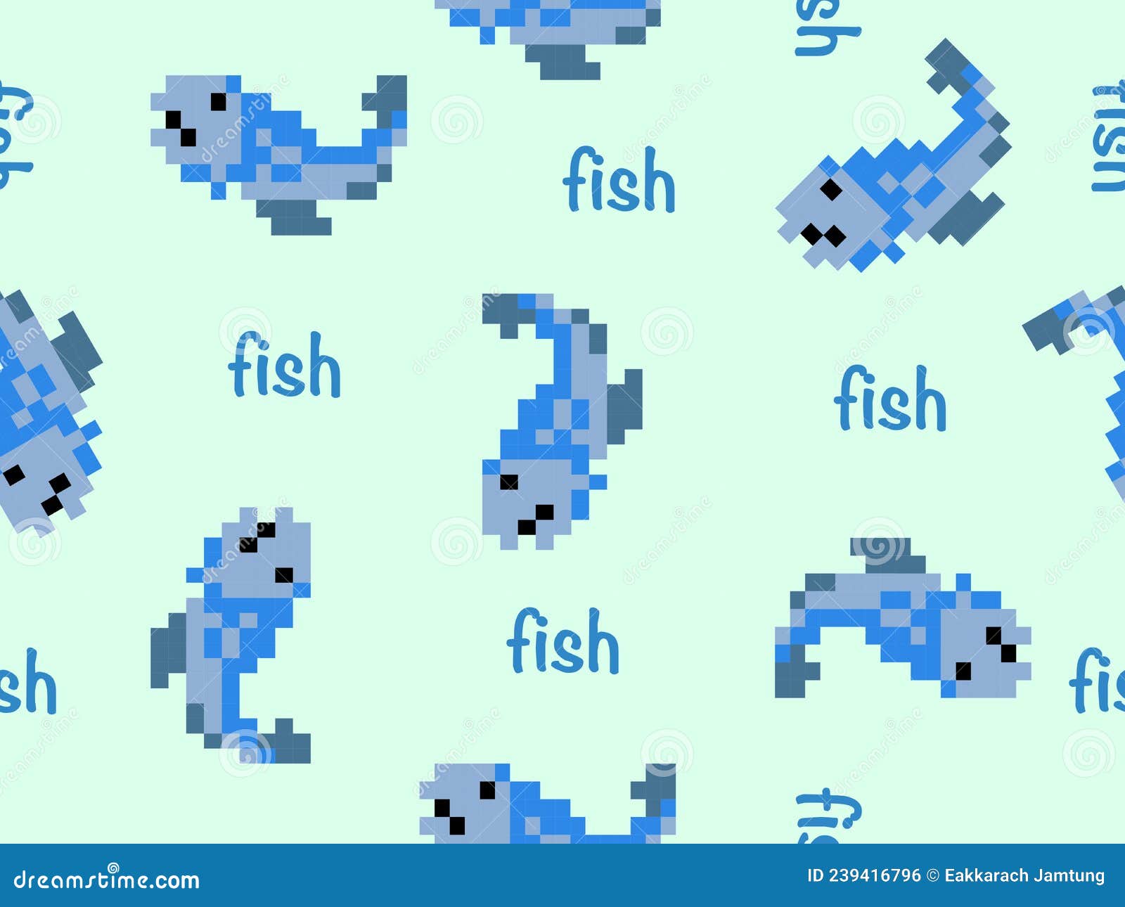 Fish Cartoon Character Seamless Pattern on Blue Background.Pixel Style ...