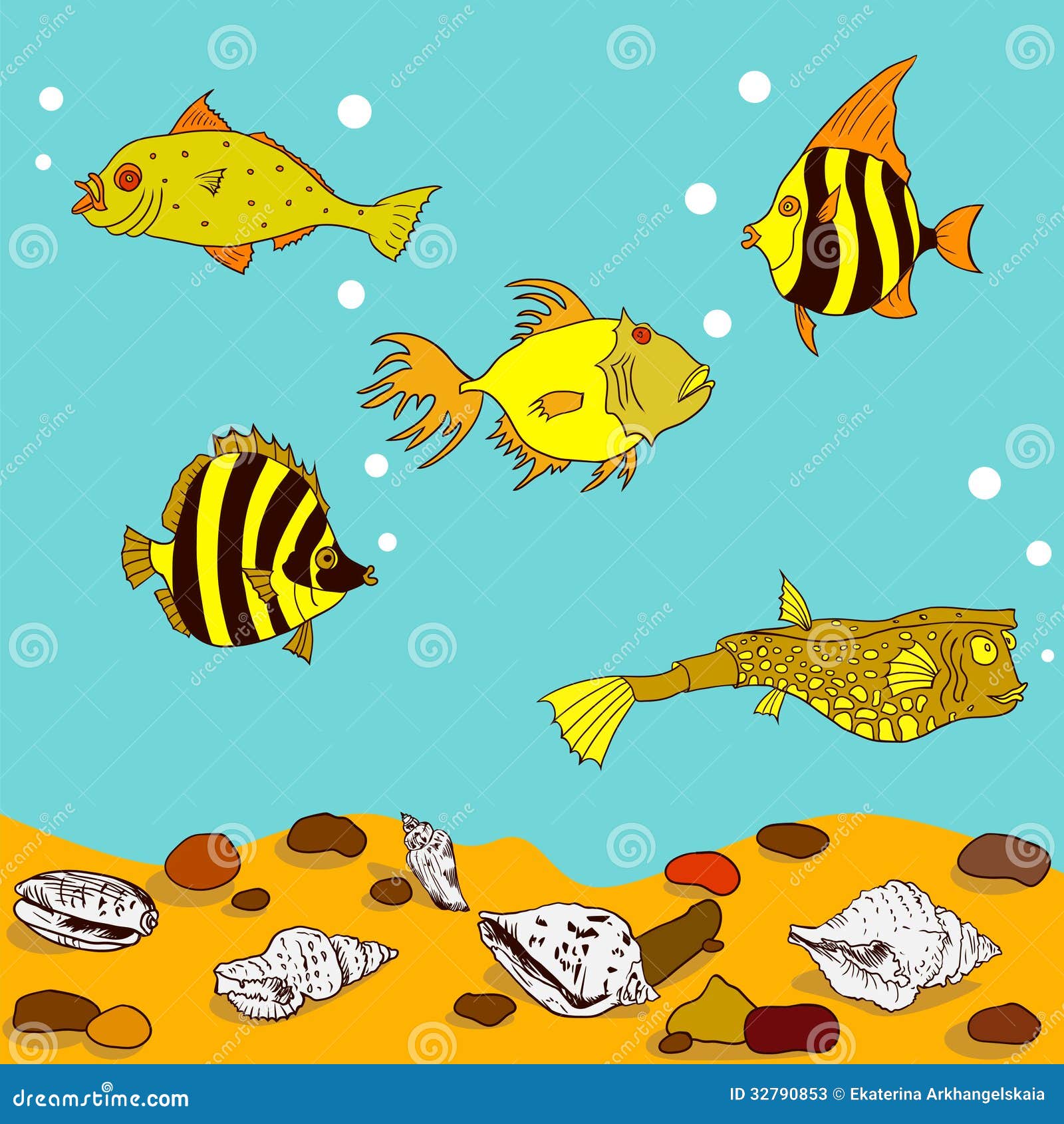 Cartoon Fish in Water with Sand, Stones and Shells Stock Vector ...