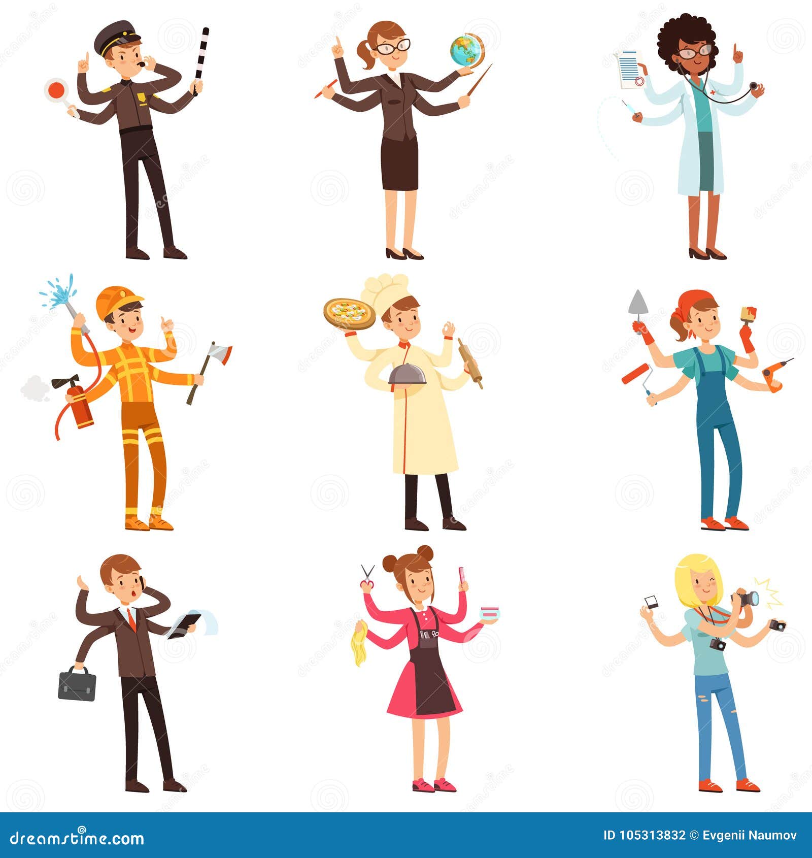 Cartoon Flat Multitasking Characters Set. Men and Women with Many Hands ...