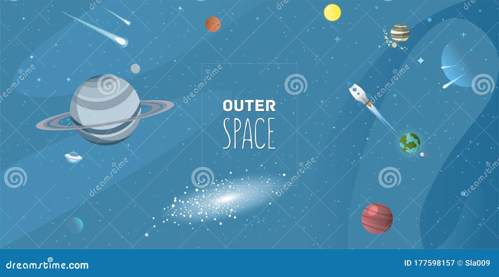 Cartoon Flat Space Exploring Background with Planets, Spaceship, Rocket ...