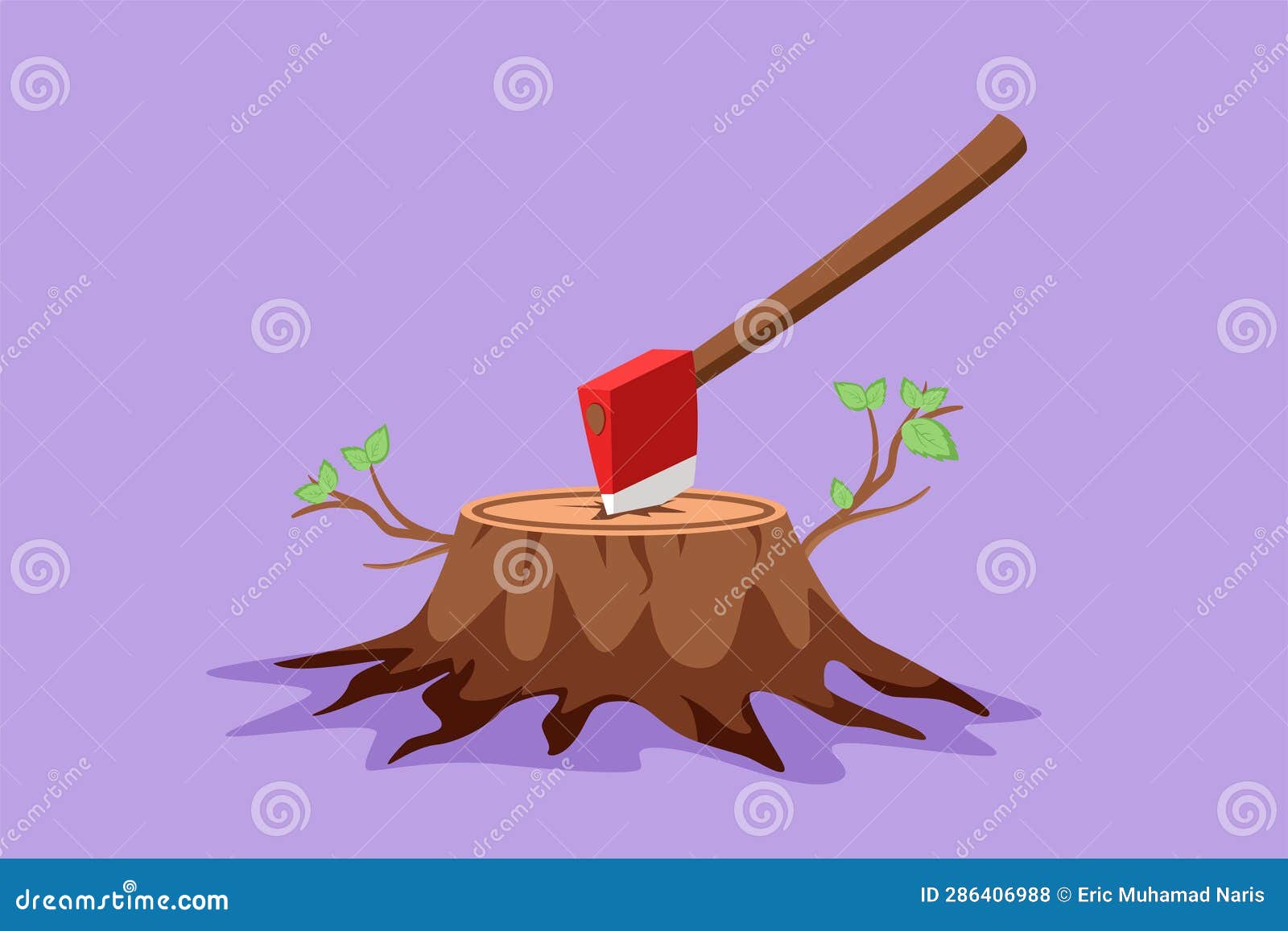 Cartoon Flat Style Drawing Stylized Hatchet in a Tree Stump. Tree Stump ...
