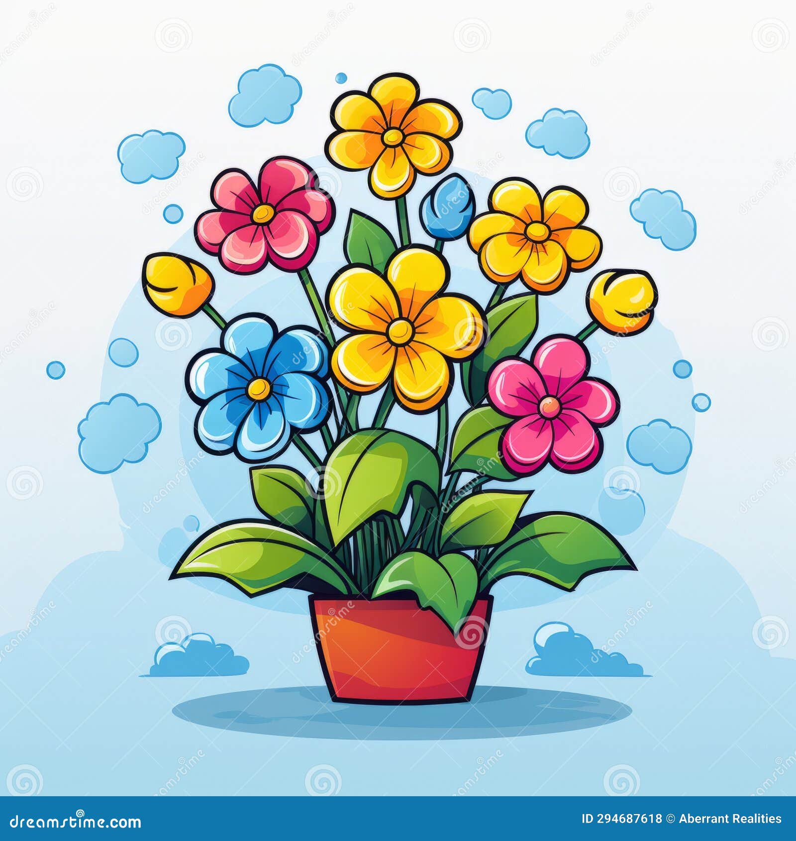 Cartoon Flowers in a Pot on a Blue Background Stock Illustration ...