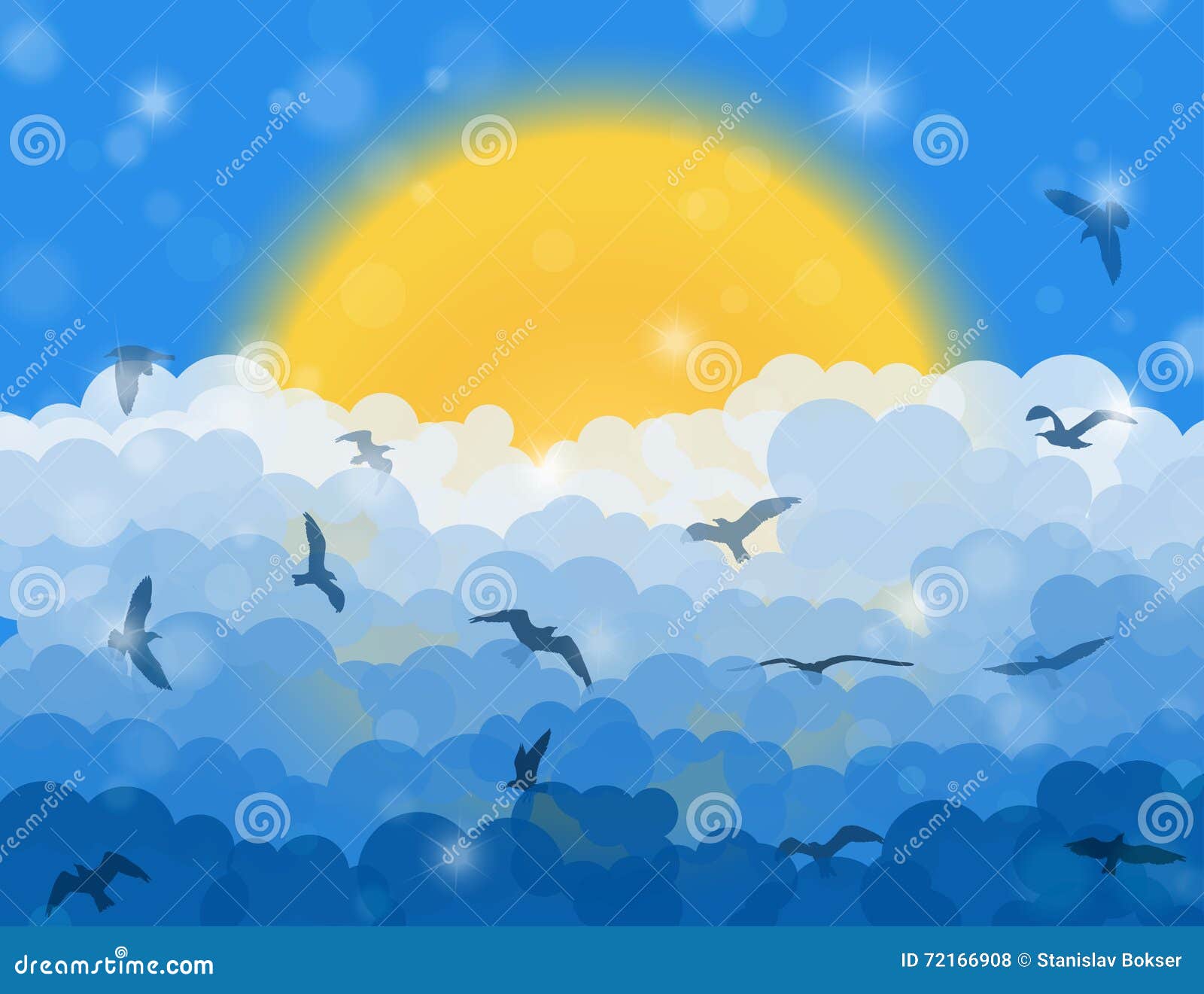 Cartoon Flying Birds in Clouds on Sun and Blue Shining Sky Background ...