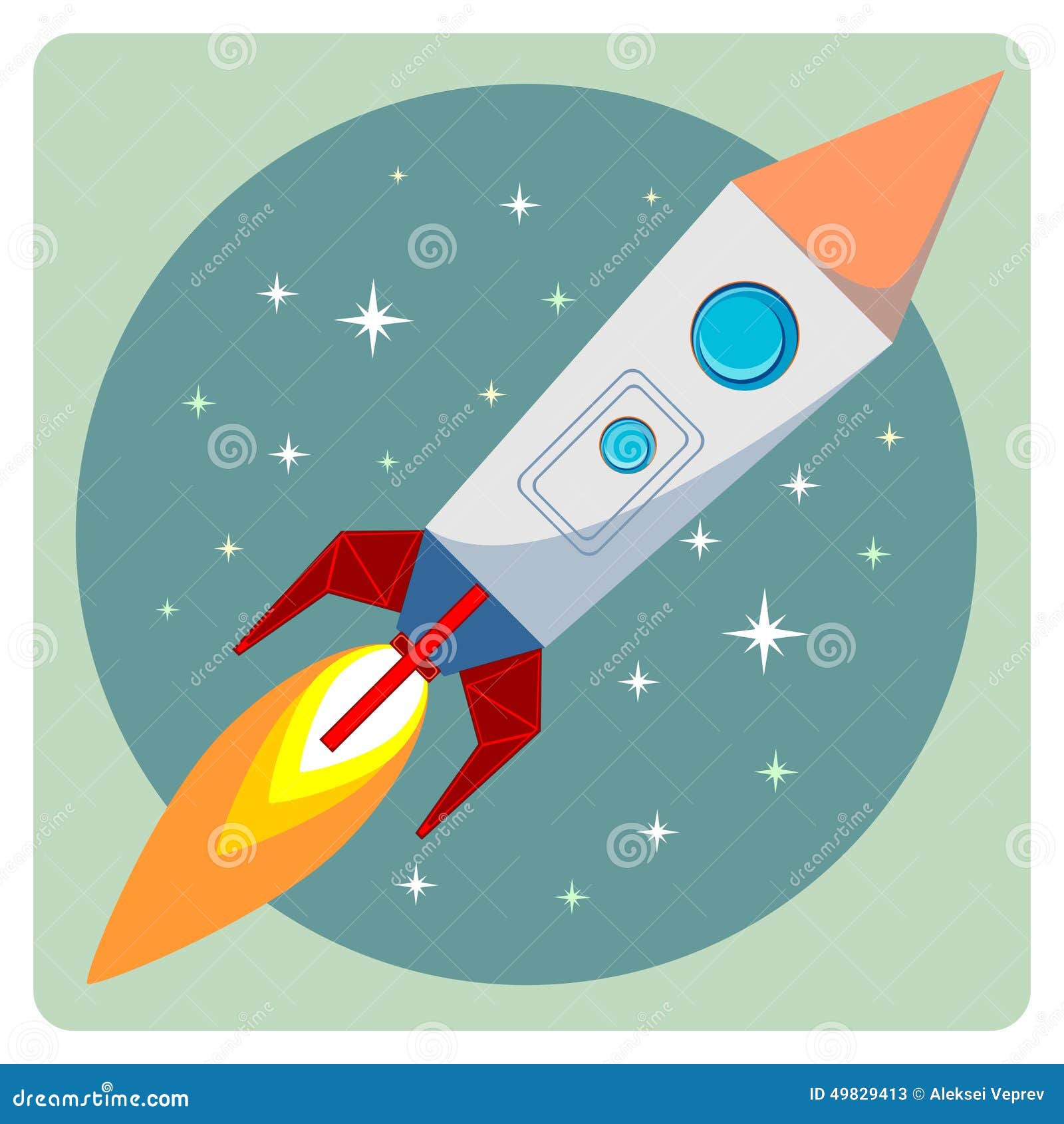 Cartoon Flying Rocket with Flames in Space Stock Vector - Illustration ...