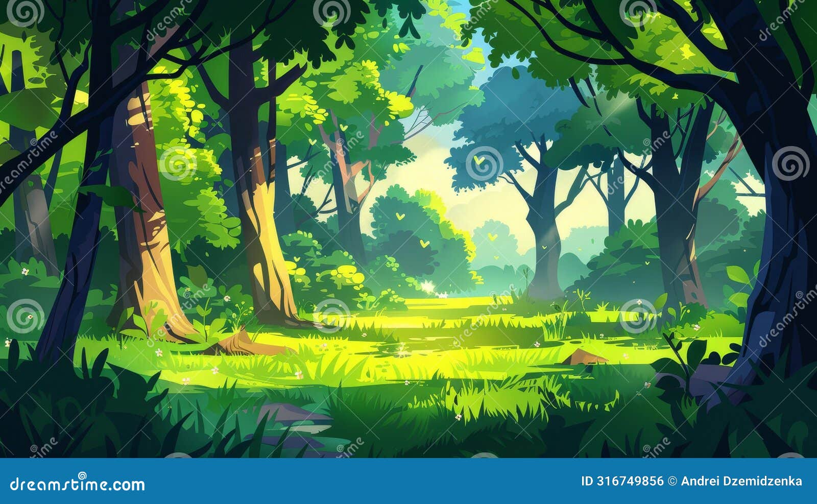 Cartoon Forest Background with Deciduous Trees, Grass, Trunk ...