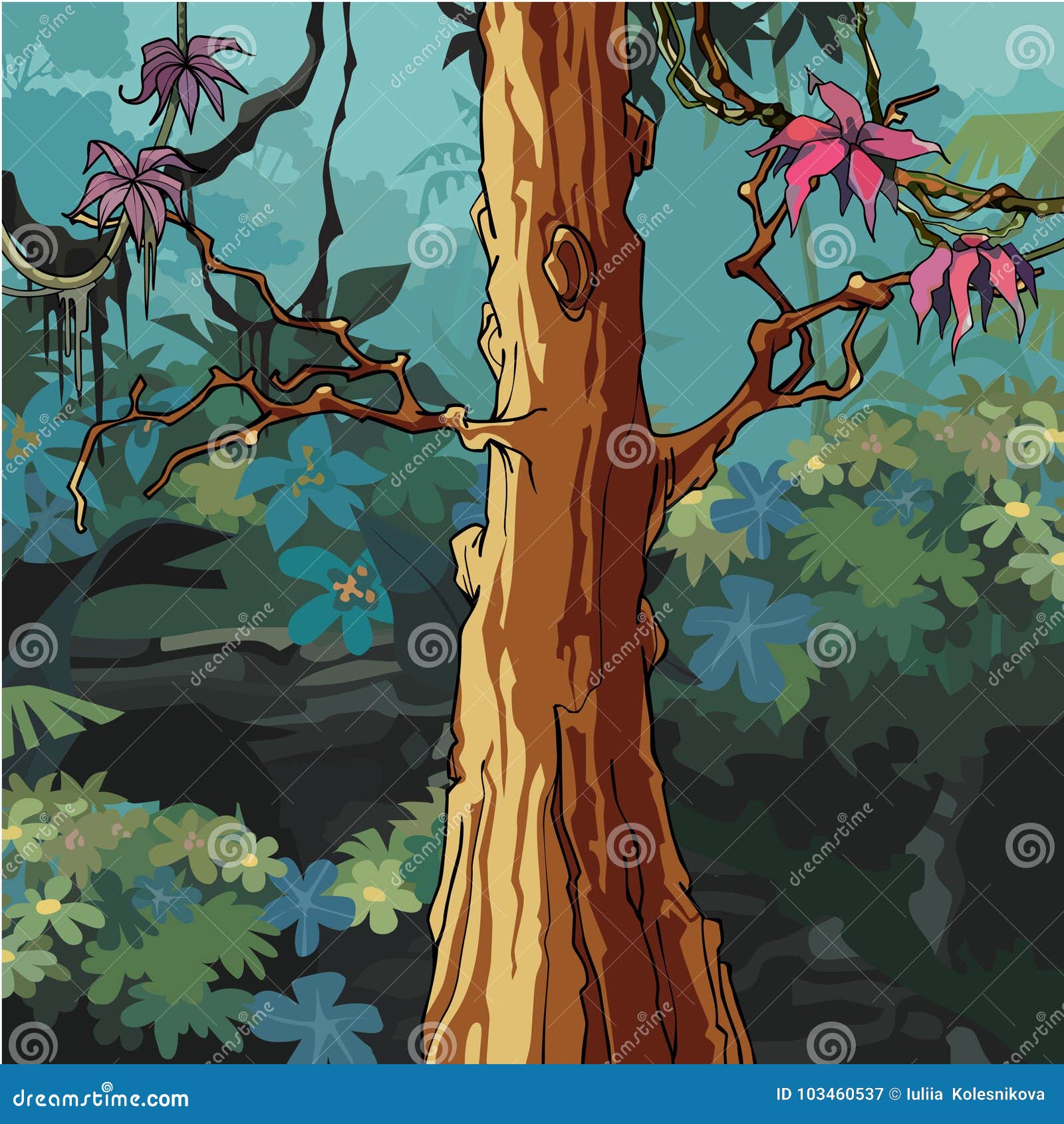 Cartoon Forest with Big Tree with Pink Leaves Stock Vector ...