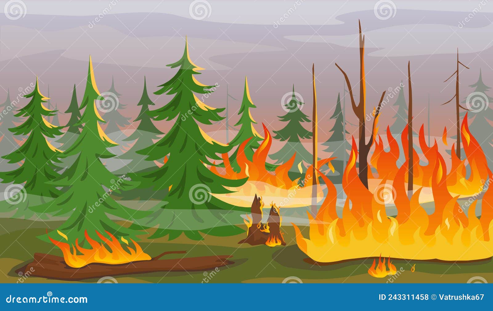 Cartoon Forest Fire, Burning Trees, Wildfire Natural Disaster. Effect ...