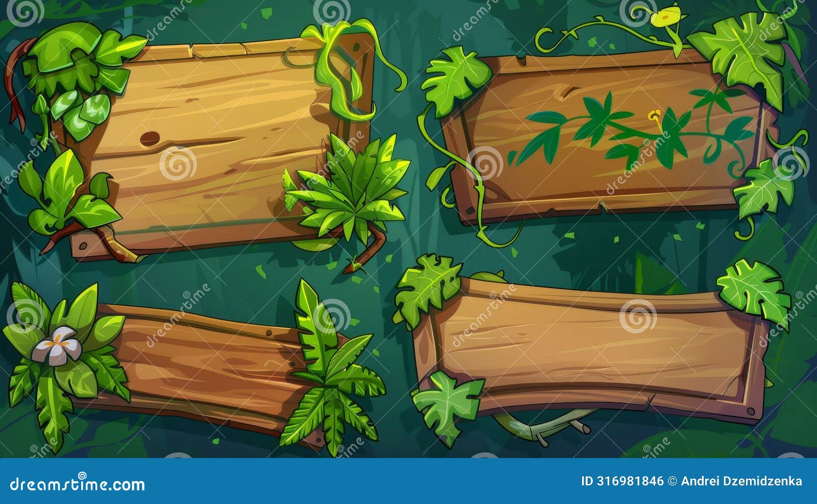 Cartoon Forest Wood Sign Board Frame with Grass, Vine, and Flower ...