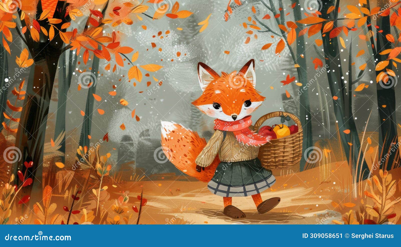 A Cartoon Fox with a Basket of Apples in the Woods, AI Stock Image ...