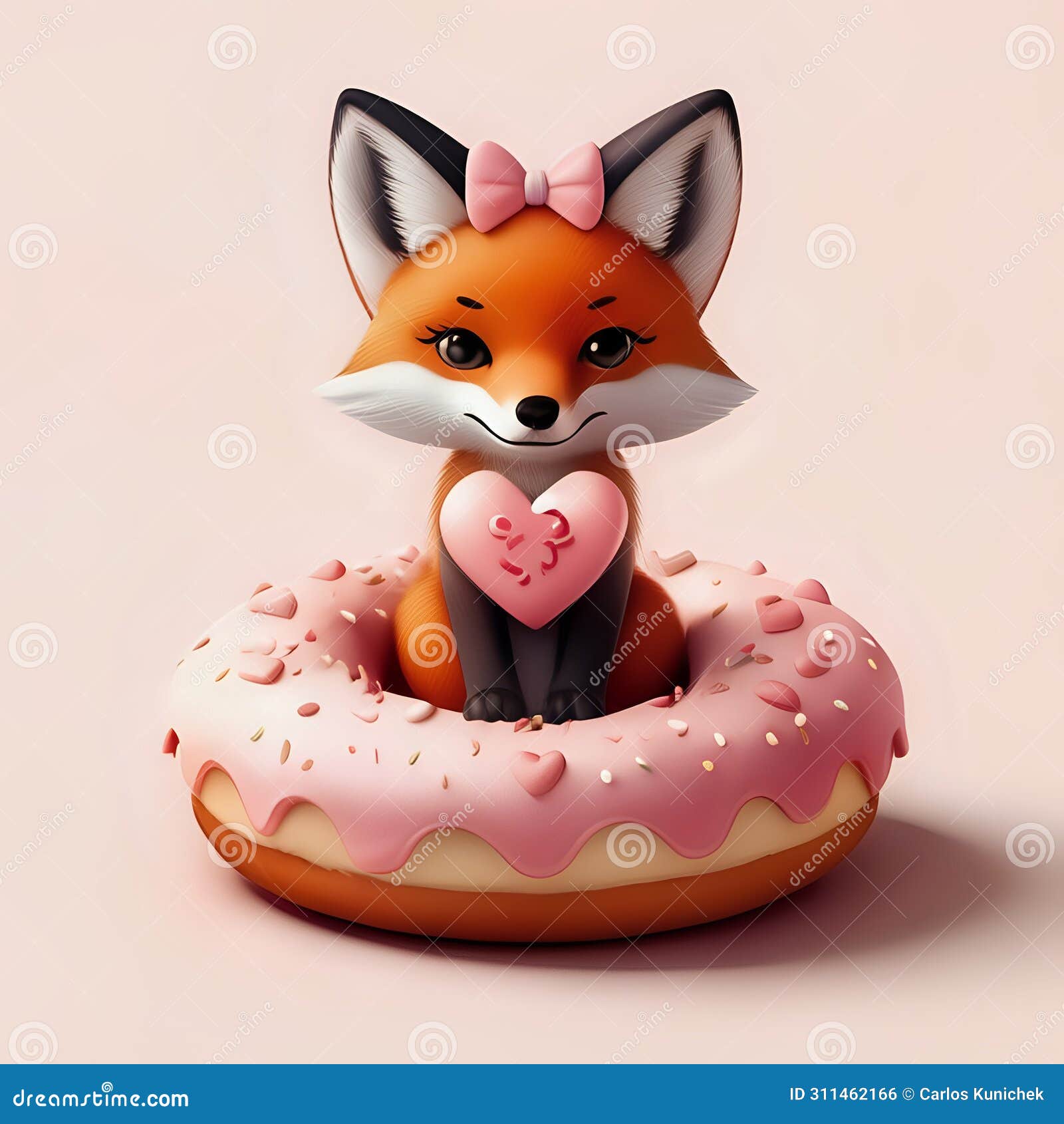 Cartoon Fox with a Bow Sitting on a Donut with Hearts - Generated by Ai ...