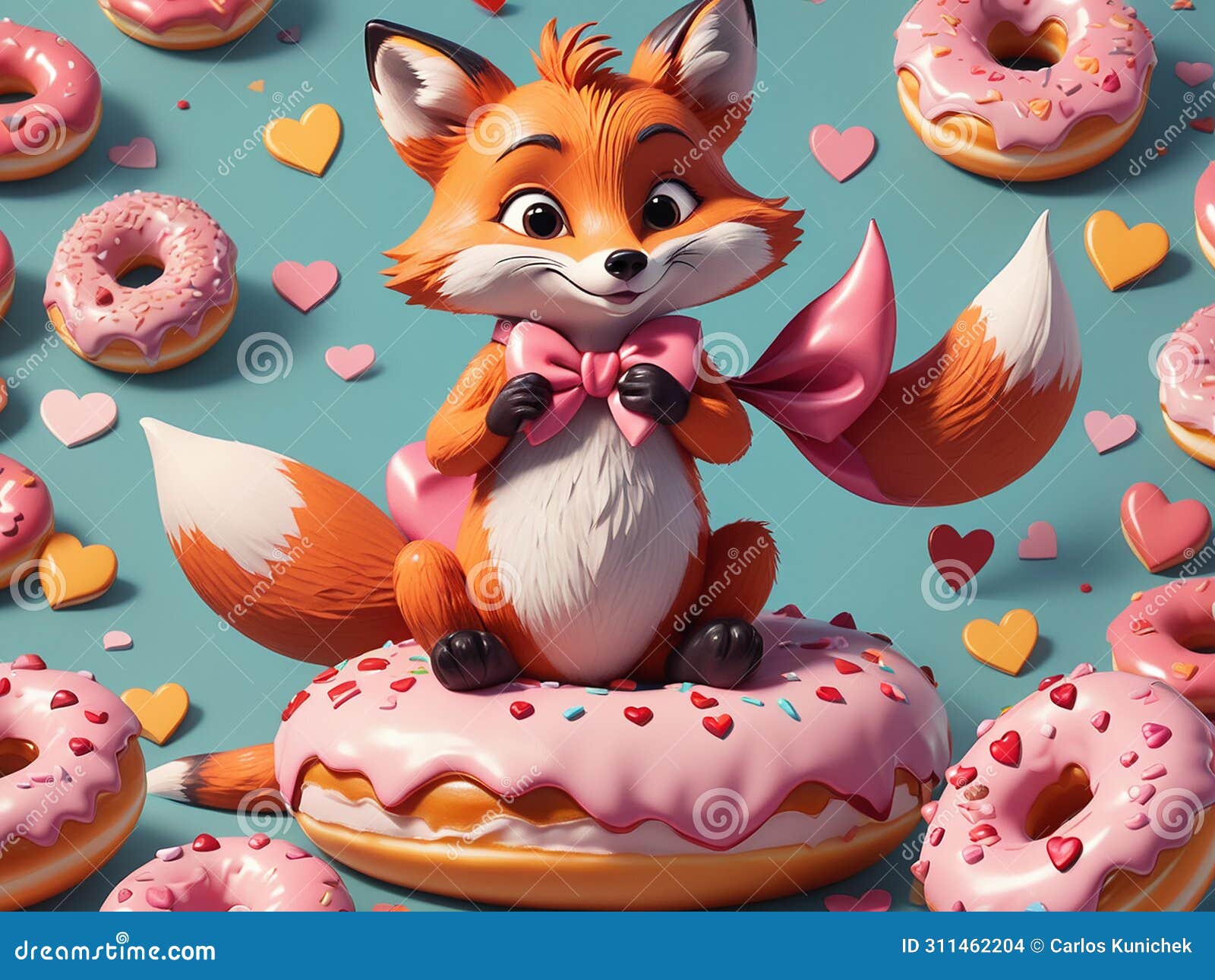 Cartoon Fox with a Bow Sitting on a Donut with Hearts - Generated by Ai ...
